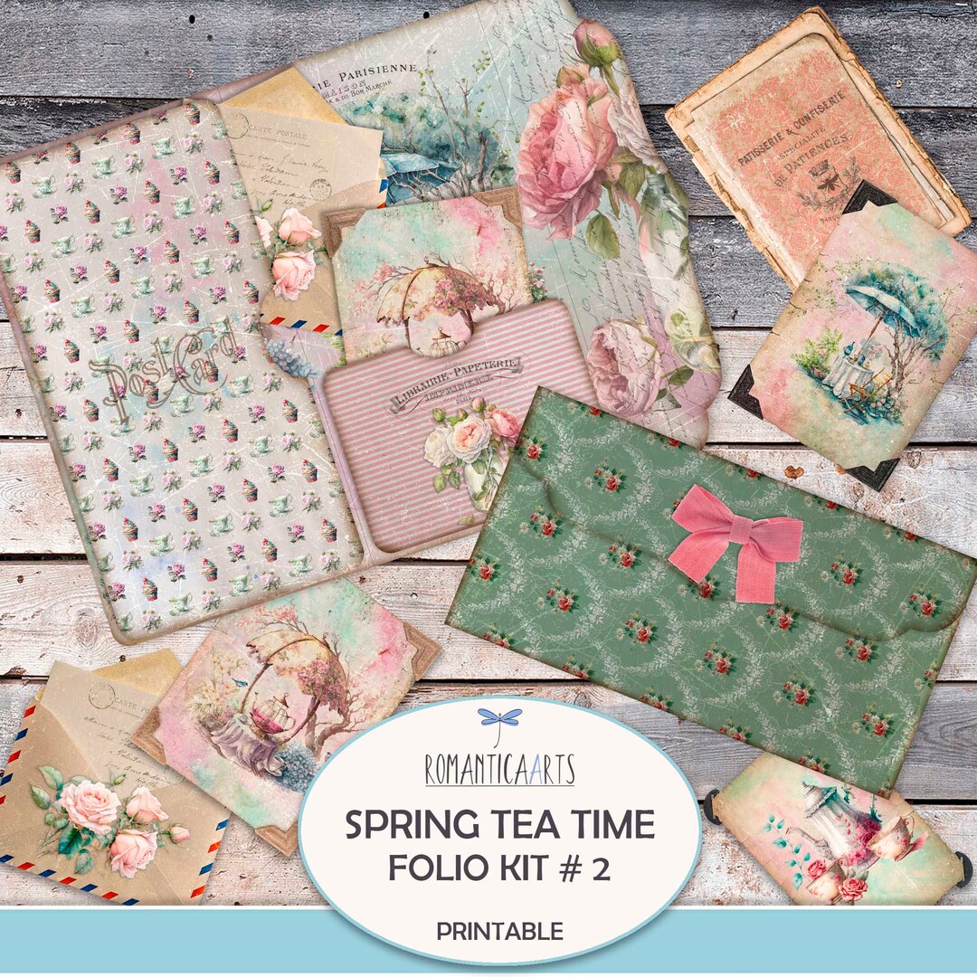 Spring Tea Time Folio Kit, Junk Journal Printable, Tri Fold Folio Kit, Tea and Roses, Folio ...