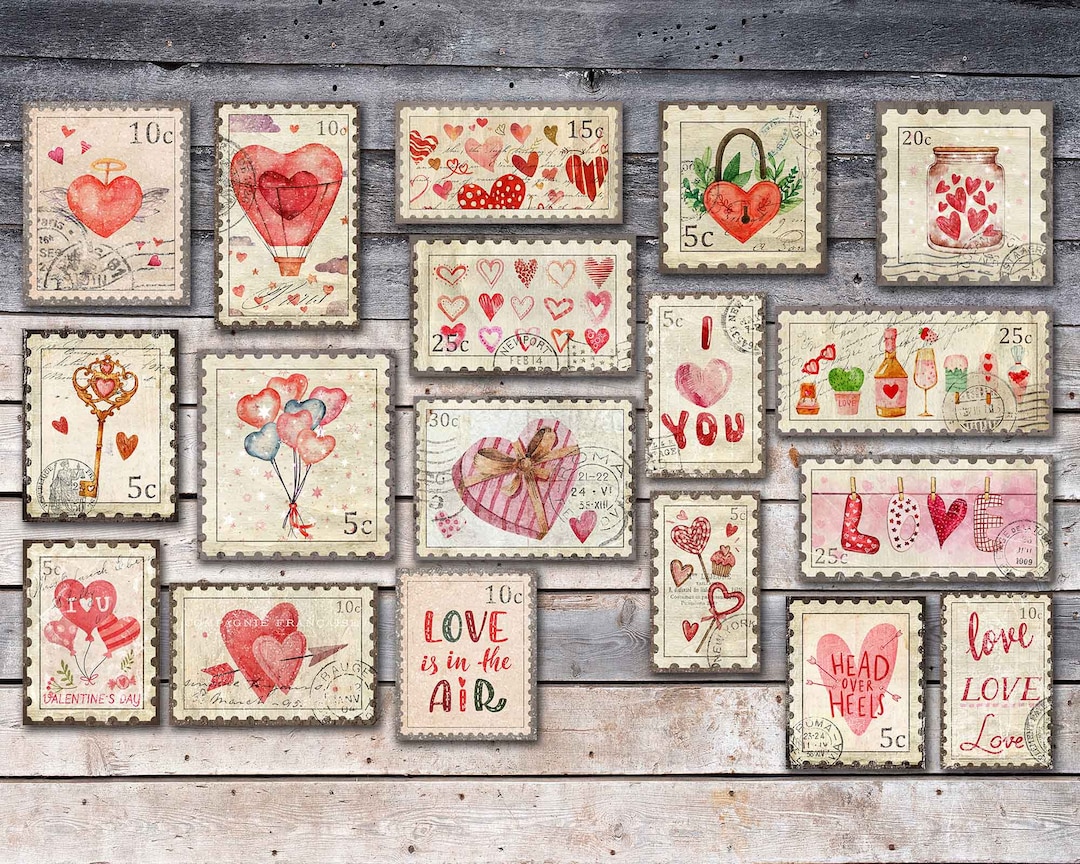 Valentine's Stamps, Faux Heart Stamp, Romantic Paper, Printable ...