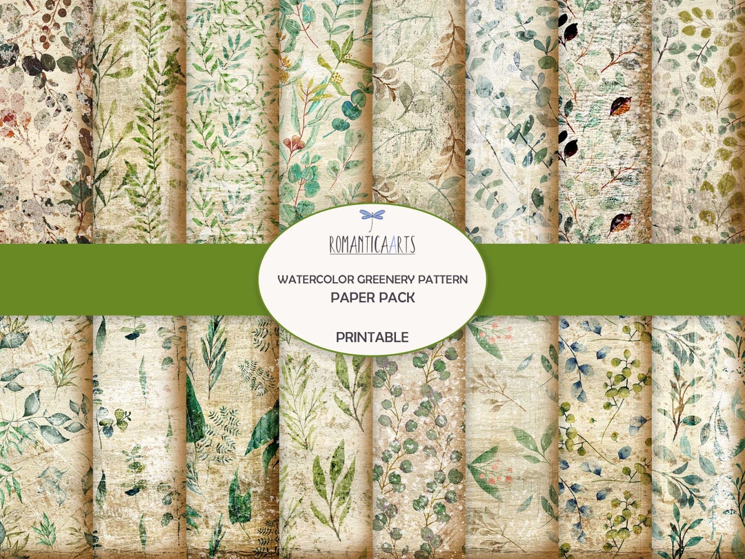 Watercolor Greenery Pattern Paper, Scrapbook Paper, Digital Download ...