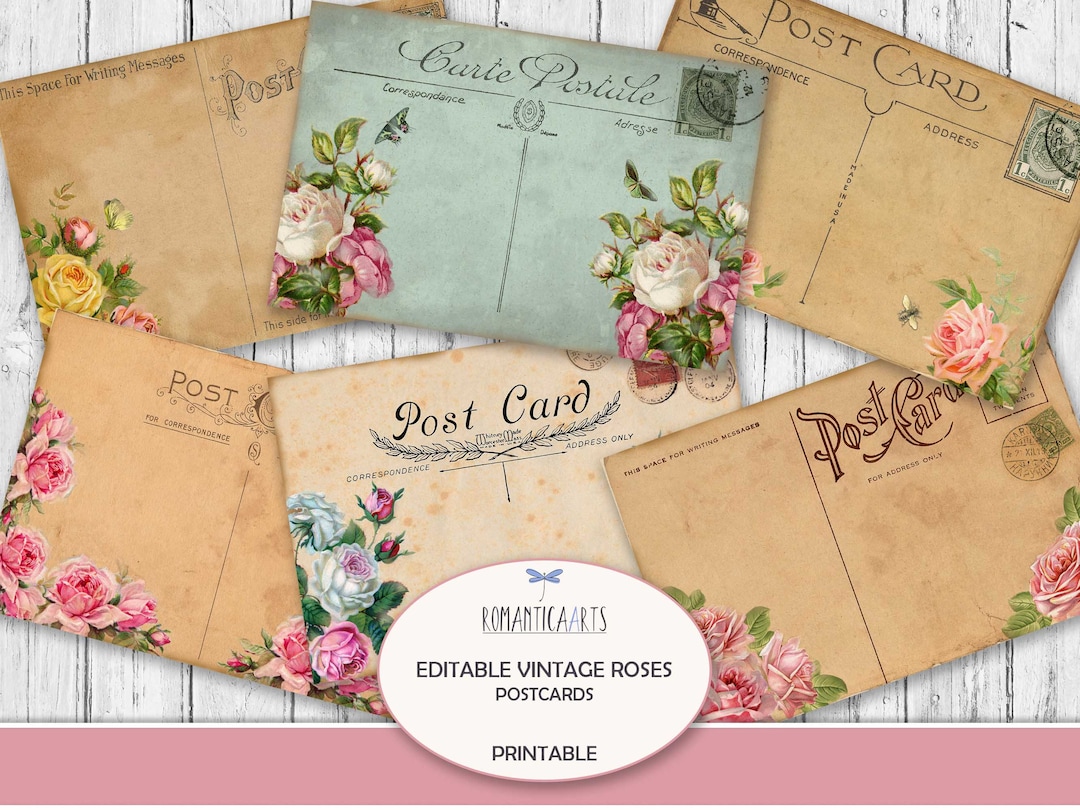 Editable Vintage Roses Postcards, Digital Victorian Rose, Postcard ...