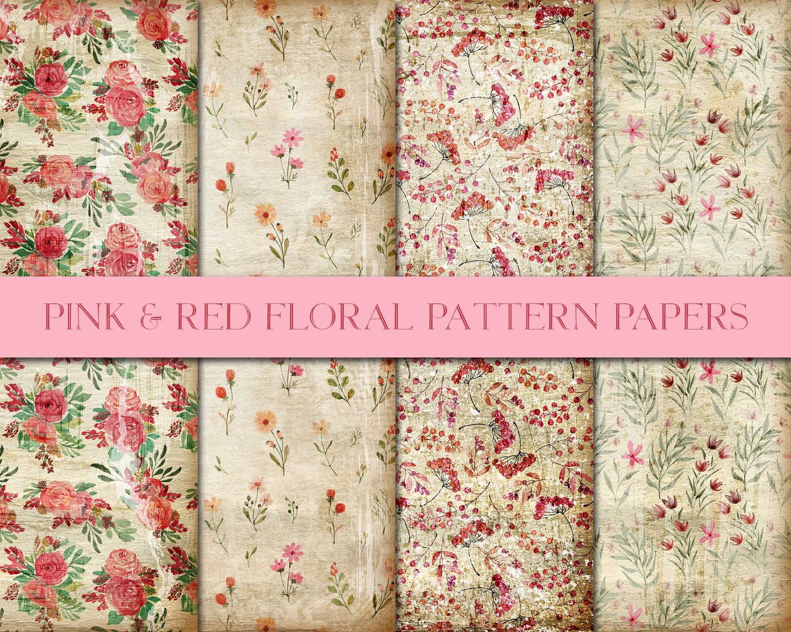 Pink and Red Floral Pattern Paper Pack Pink Flower Paper - Etsy