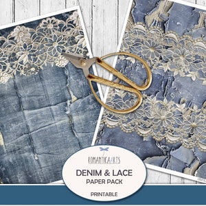 Blue Denim and Lace Digital Paper, Grunge Paper Printable, Junk Journal ...