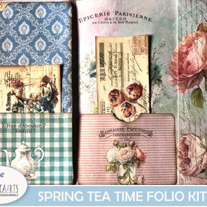 Spring Tea Time Folio Kit, Junk Journal Printable, Tri Fold Folio Kit
