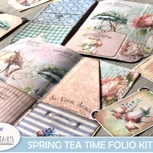 Spring Tea Time Folio Kit, Junk Journal Printable, Tri Fold Folio Kit