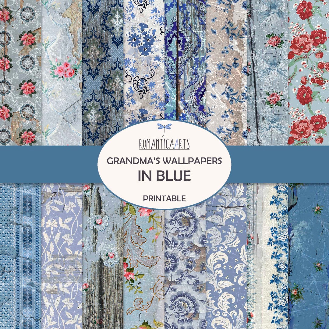 Grandma's Wallpapers, Junk Journal Printable, Shabby Blue Pattern, Blue ...
