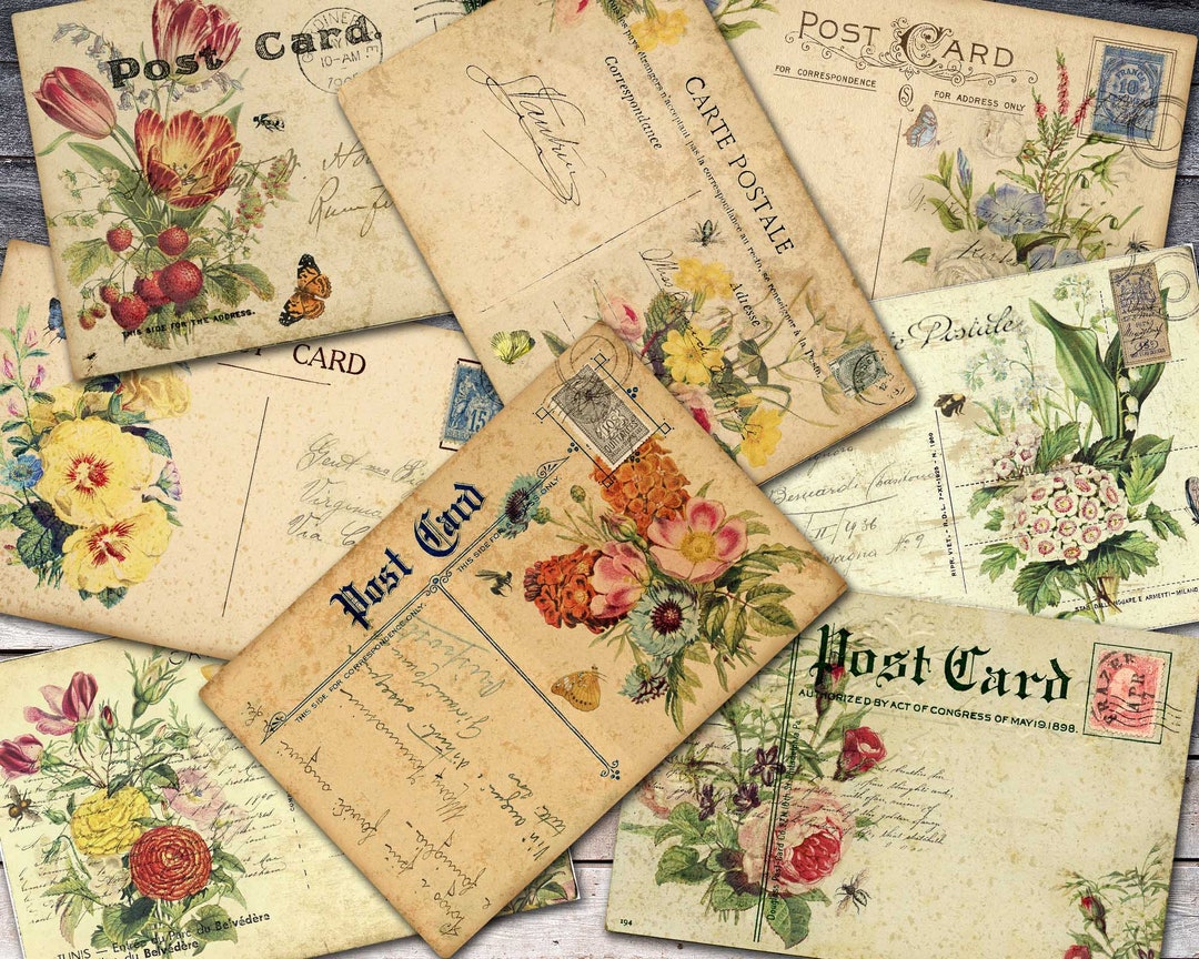 Vintage Flower Postcards, Shabby Style, Floral Collage Sheet, Postage ...