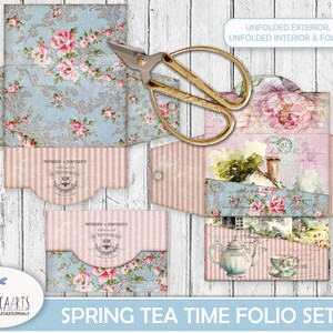 Spring Tea Time Folio Set, Junk Journal Printable, Tea and Roses, Tri Fold Folio Kit, Shabby ...