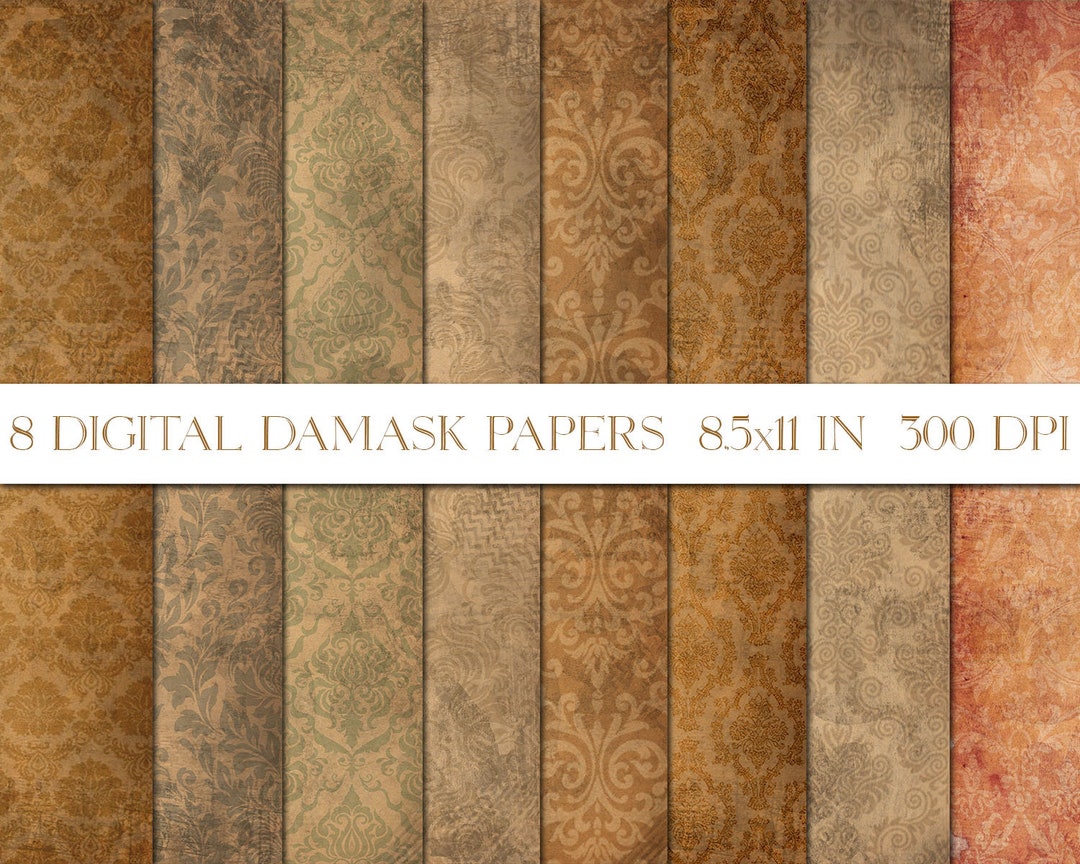 Tan Damask Pattern Digital Paper, Vintage Damask, Brown Damask, Grunge ...