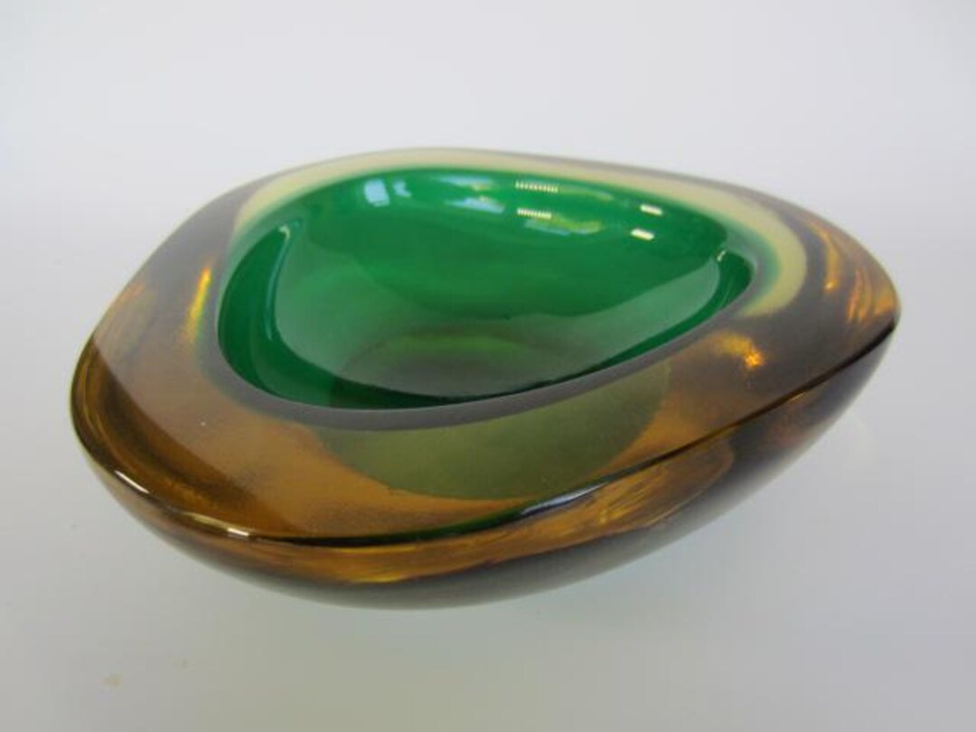 Xxl Triangle Shape Faceted Green Mcm Art Glass Geode Bowl Murano Poli ...