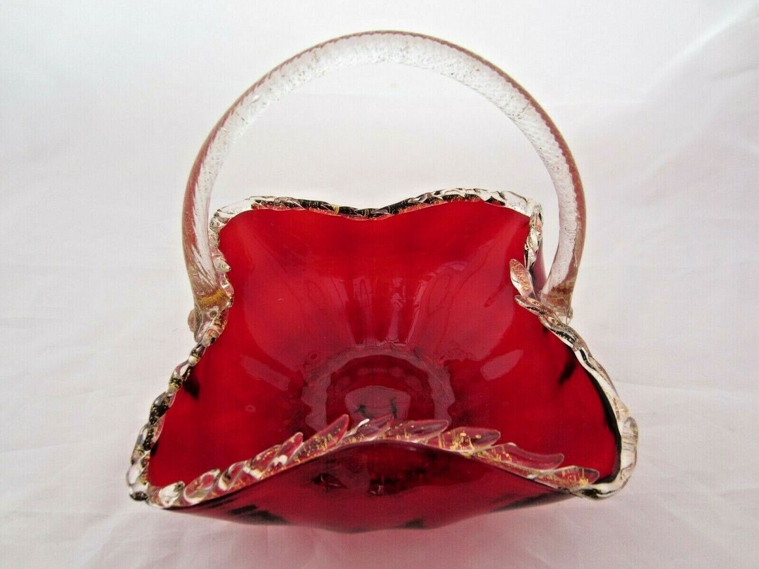Vintage Barbini Ruby Red Murano Basket Bowl 24k Gold Aventurine Rigaree ...