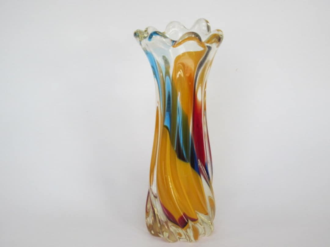 Japanese Mid-century Glass Vase Iwatsu Hineri Rainbow Fantasy Twisted ...