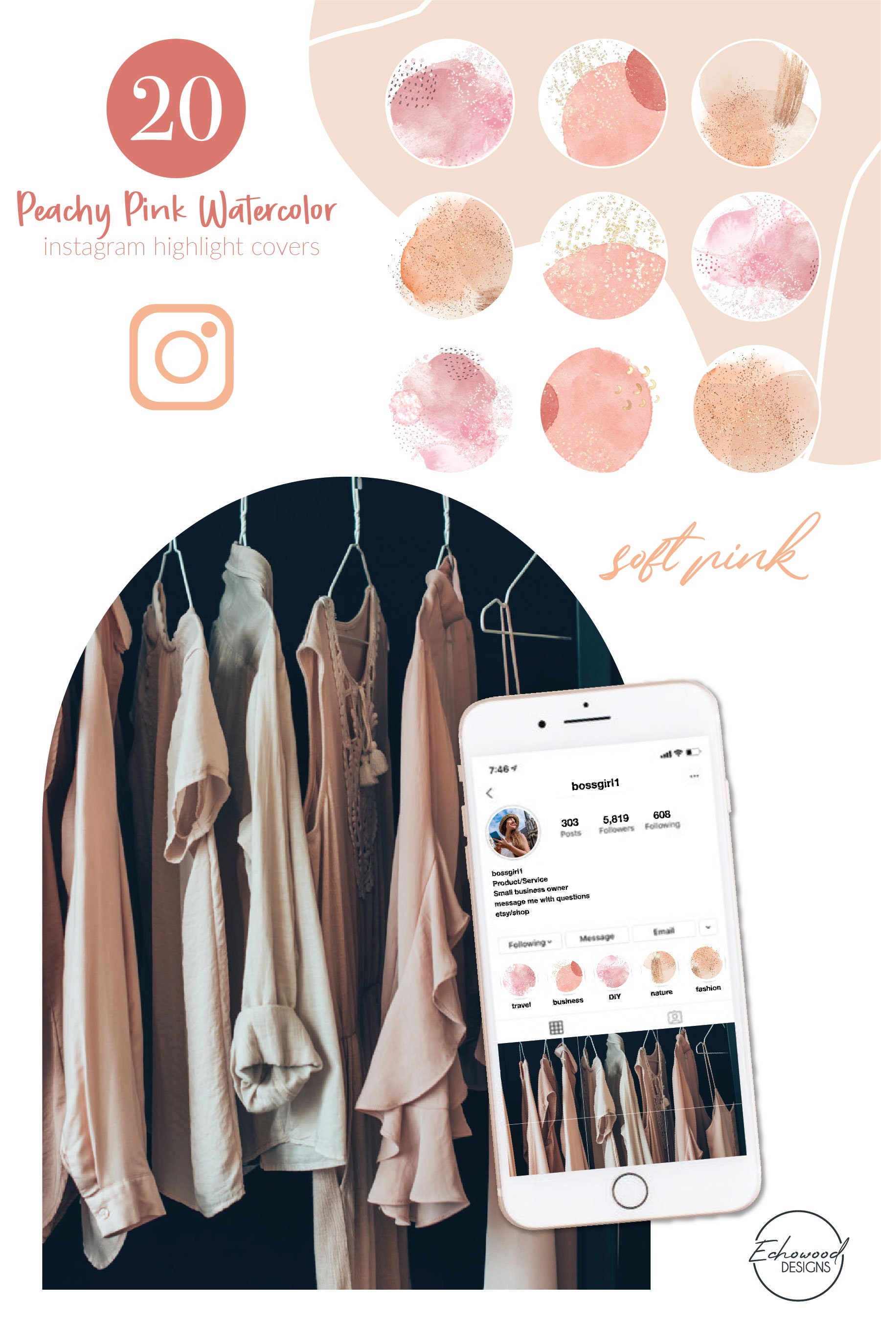 Pink Highlight Covers for Instagram and Pink Instagram Template, Peach ...