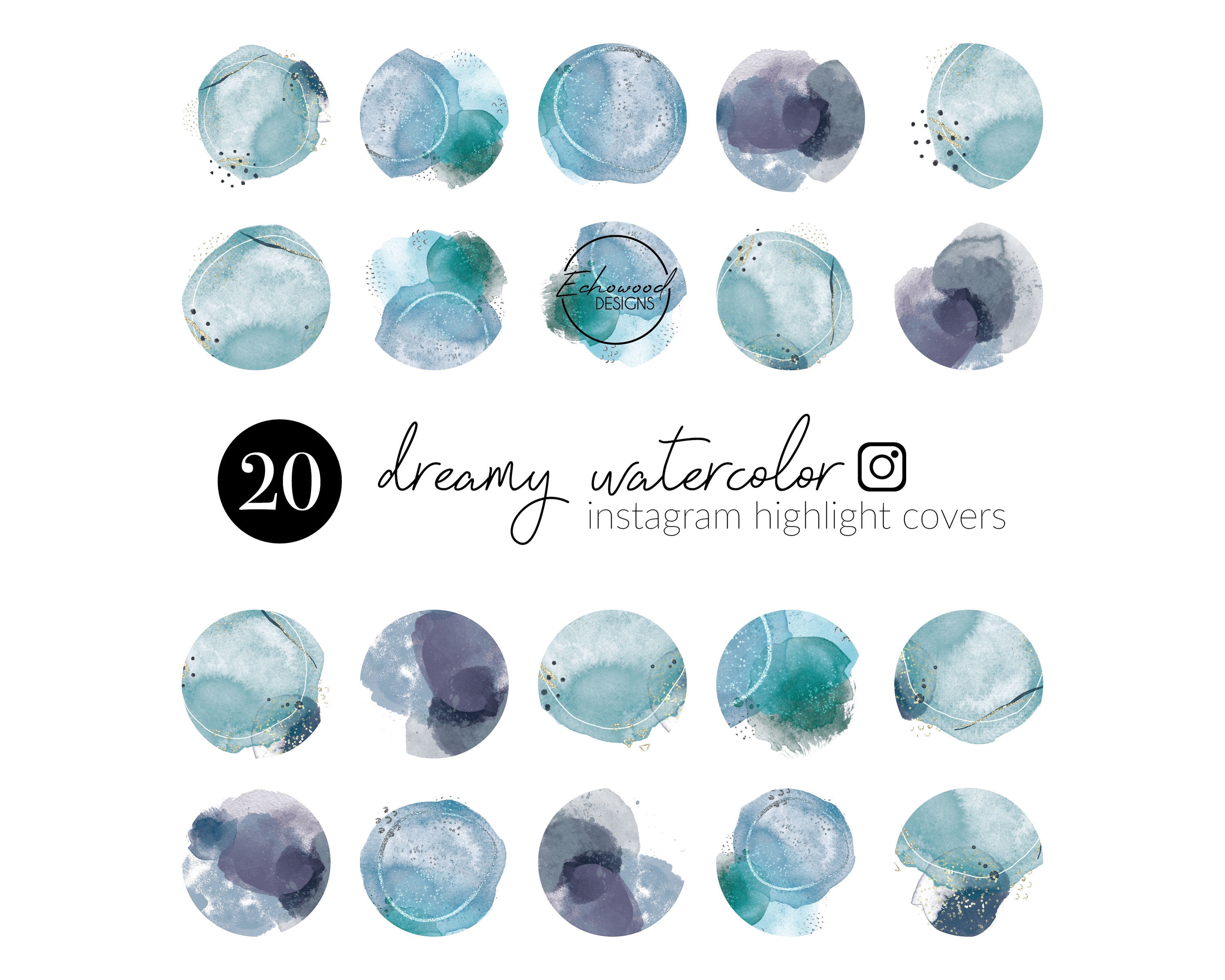 Blue Watercolor Instagram Highlight Covers, Glitter Highlight Covers ...