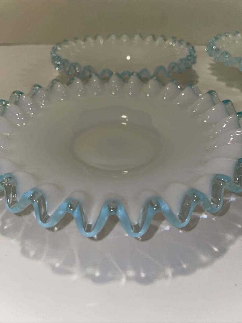Set of 4 - Vintage Fenton Aqua Crest Milk Glass Saucers ~ 6 “ Pale Blue ...