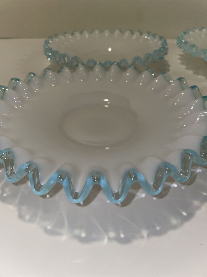 Set of 4 - Vintage Fenton Aqua Crest Milk Glass Saucers ~ 6 “ Pale Blue ...