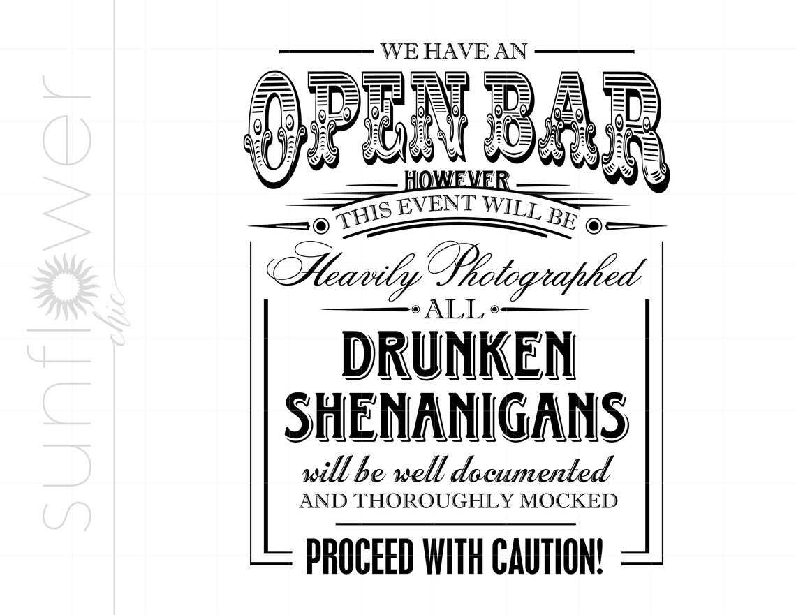 Open Bar Sign Art SVG Design | Drunken Shenanigans Sign SVG Dxf Eps Cut ...