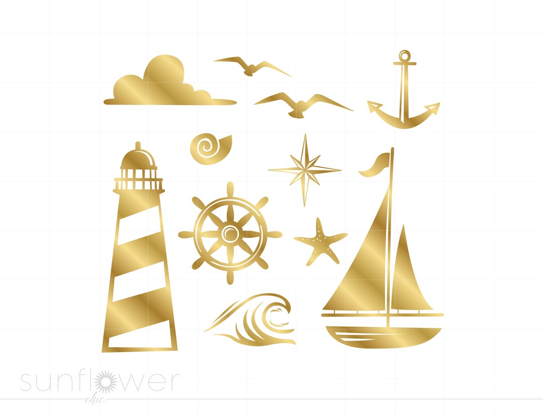 Nautical Svg Cut File Clipart Downloads, Gold Sailboat Lighthouse Svg ...