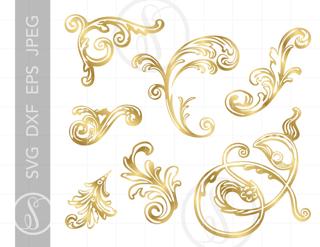 Gold Baroque SVG Print and Cut Clipart Downloads | Baroque Filigree Svg ...