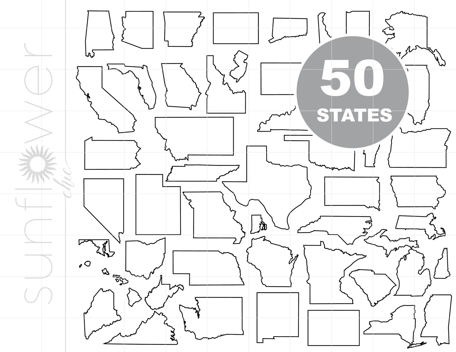 50 States SVG Outlines Outlined US States Svg Silhouette Cut Files ...