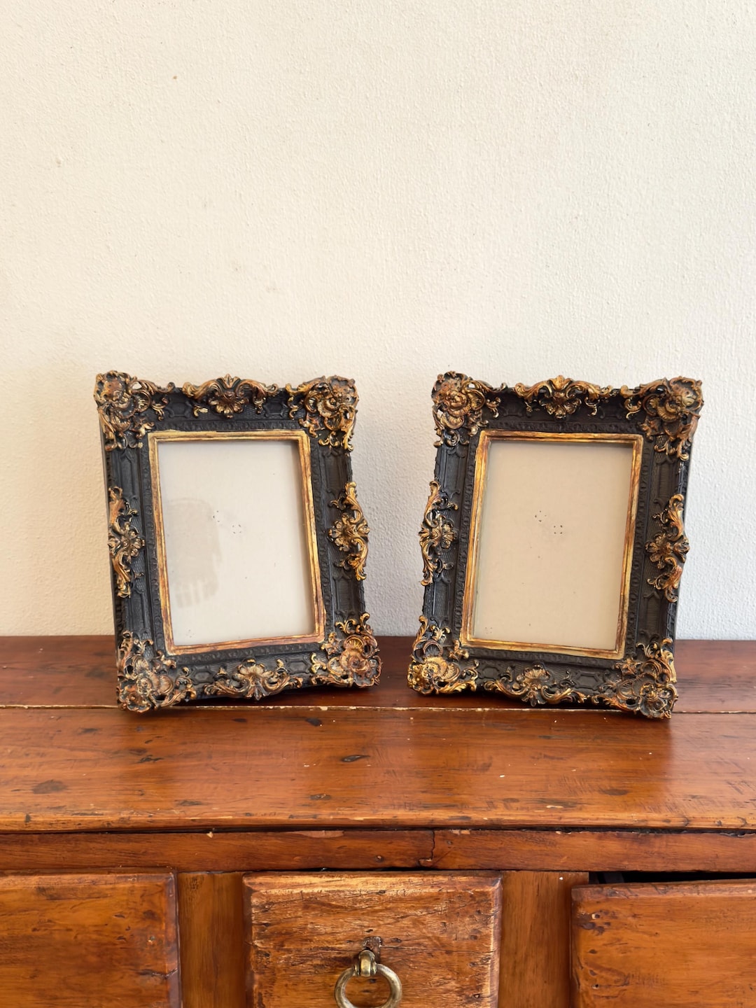 Vintage Frames, Pair of Black and Gold Frames, Porcelain Frames, Set ...