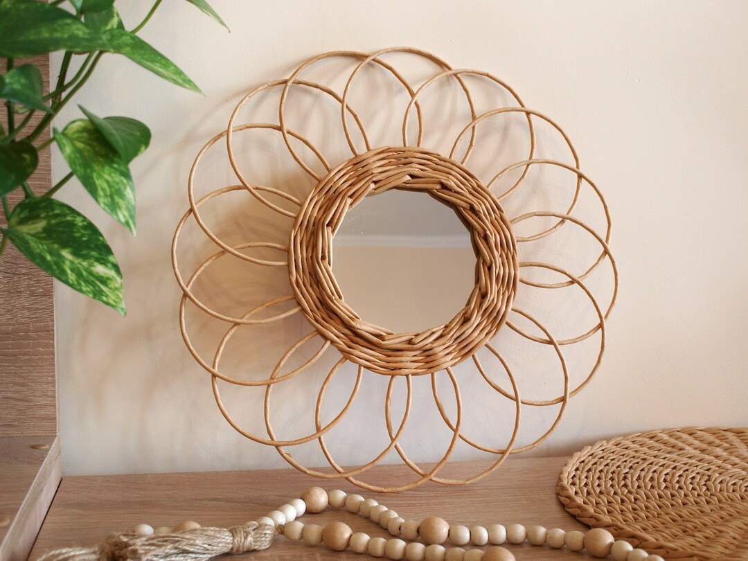 Rattan Mirror, Rattan Daisy Flower Mirror Wall Decor, Wicker Mirror ...