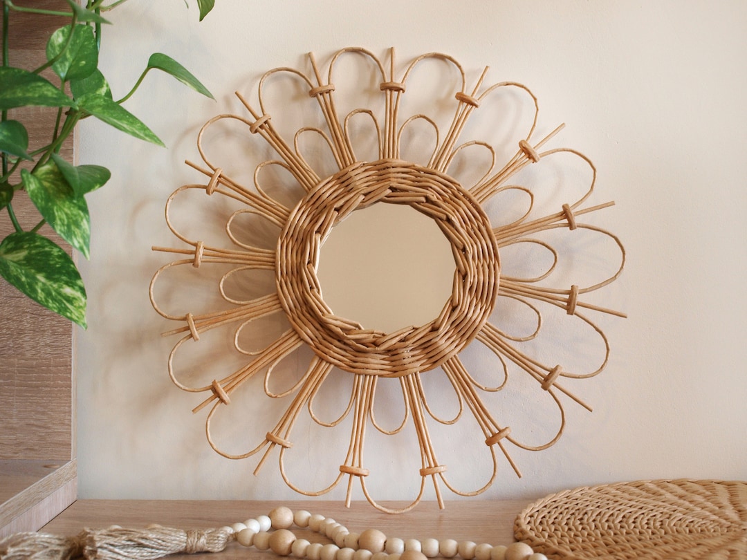 Rattan Mirror, Boho Mirror, Rattan Daisy Flower Mirror Wall Decor ...