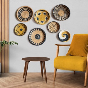 Wall Basket Set of 7. Yellow Wall Decor, Basket Wall Art. Boho Wall Basket for Yellow Living ...