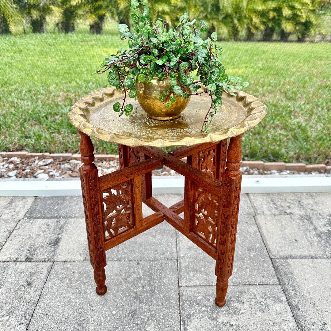 Vintage Moroccan Brass Tray Tea Table With Ornate Carved Wood Legs - Etsy