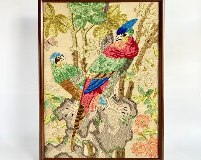 Vintage Large Crewel Embroidery of Tropical Birds, Parrots, 25" X 19 ...