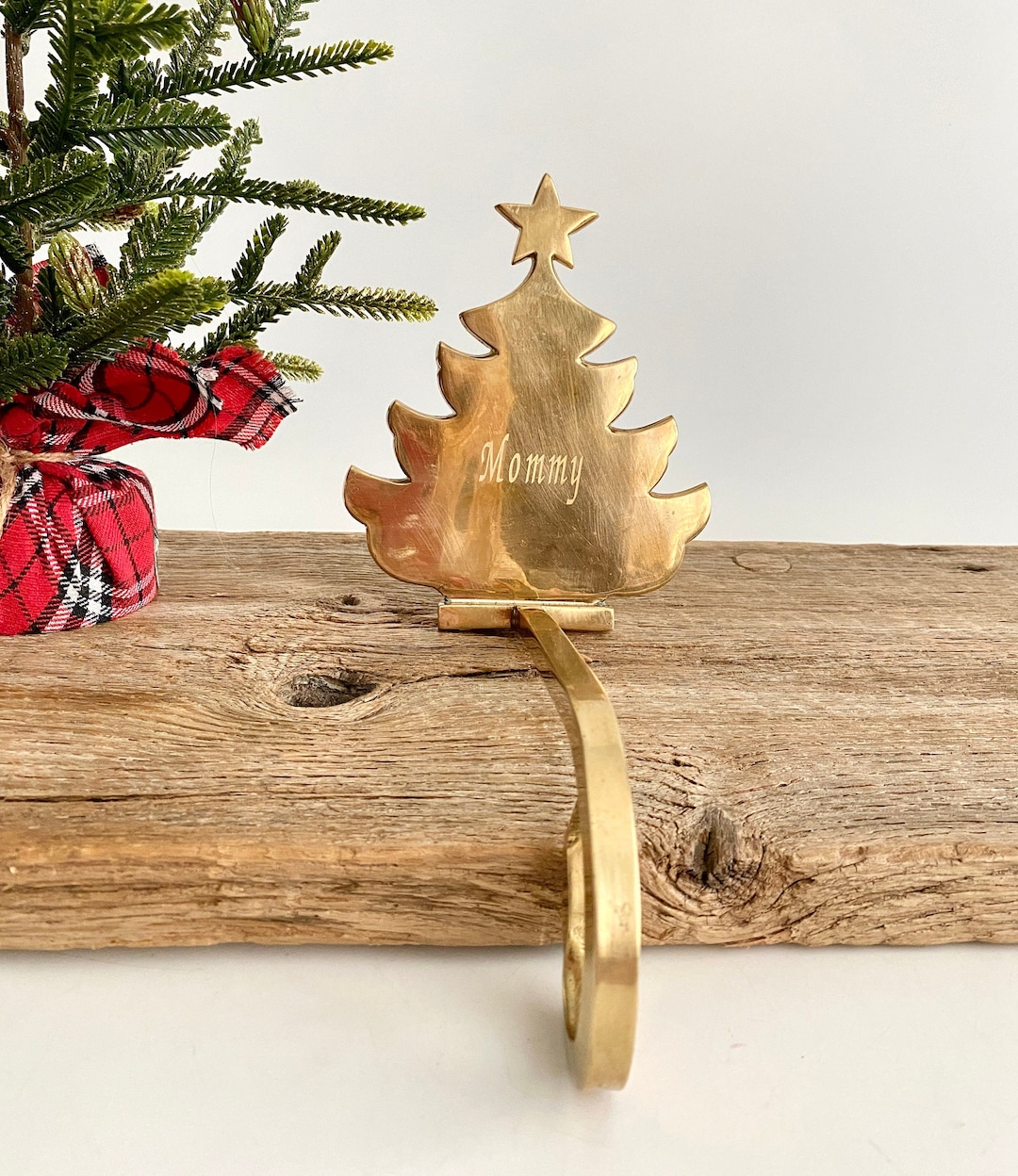 One Vintage Brass Christmas Tree Heavy Stocking Holder, Engraved "mommy ...