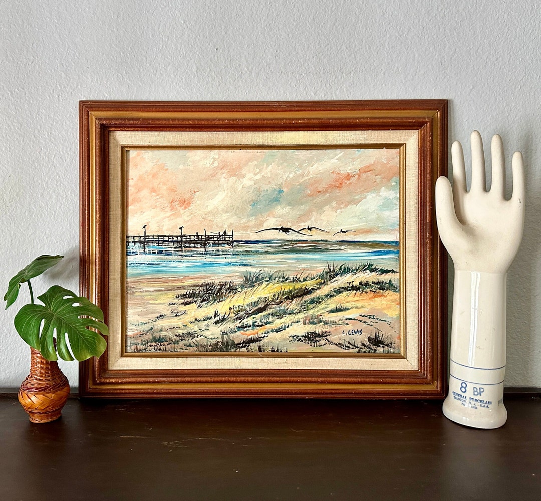 Vintage Seashore Beach Coastal Painting on Board by Leonard Lewis - Etsy