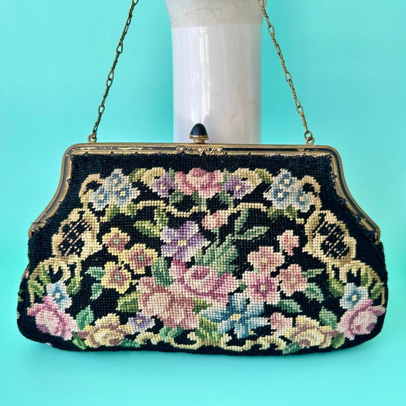 Vintage Antique Needlepoint Petit Point Purse - Gem