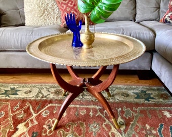 Mid Century Wood Spider Leg Table With Oval Etched Brass Tray 30 by 22 ...