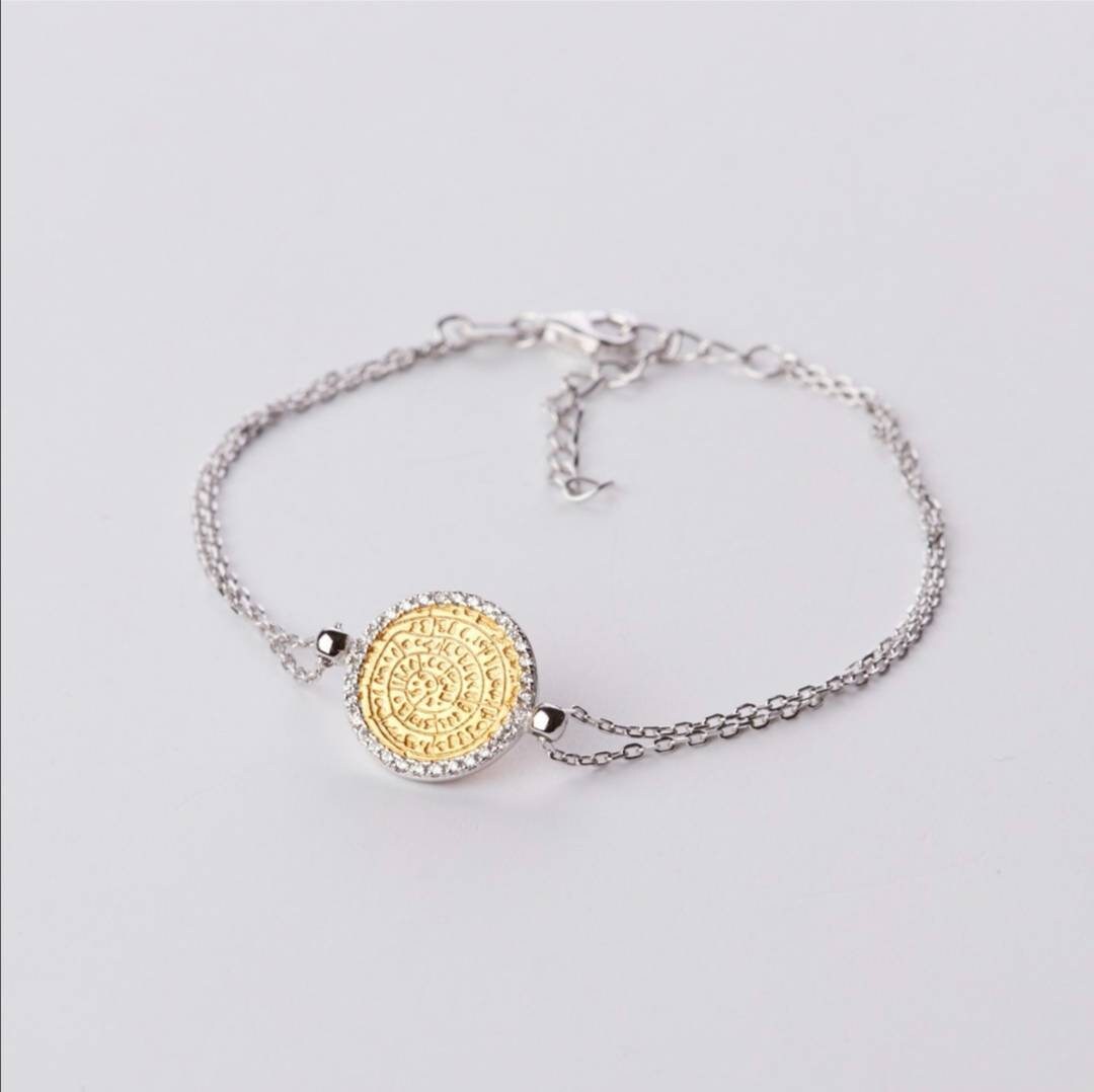 Phaistos Disc Bracelet/two Sided Coin/zircons /greek Ancient Jewelry ...