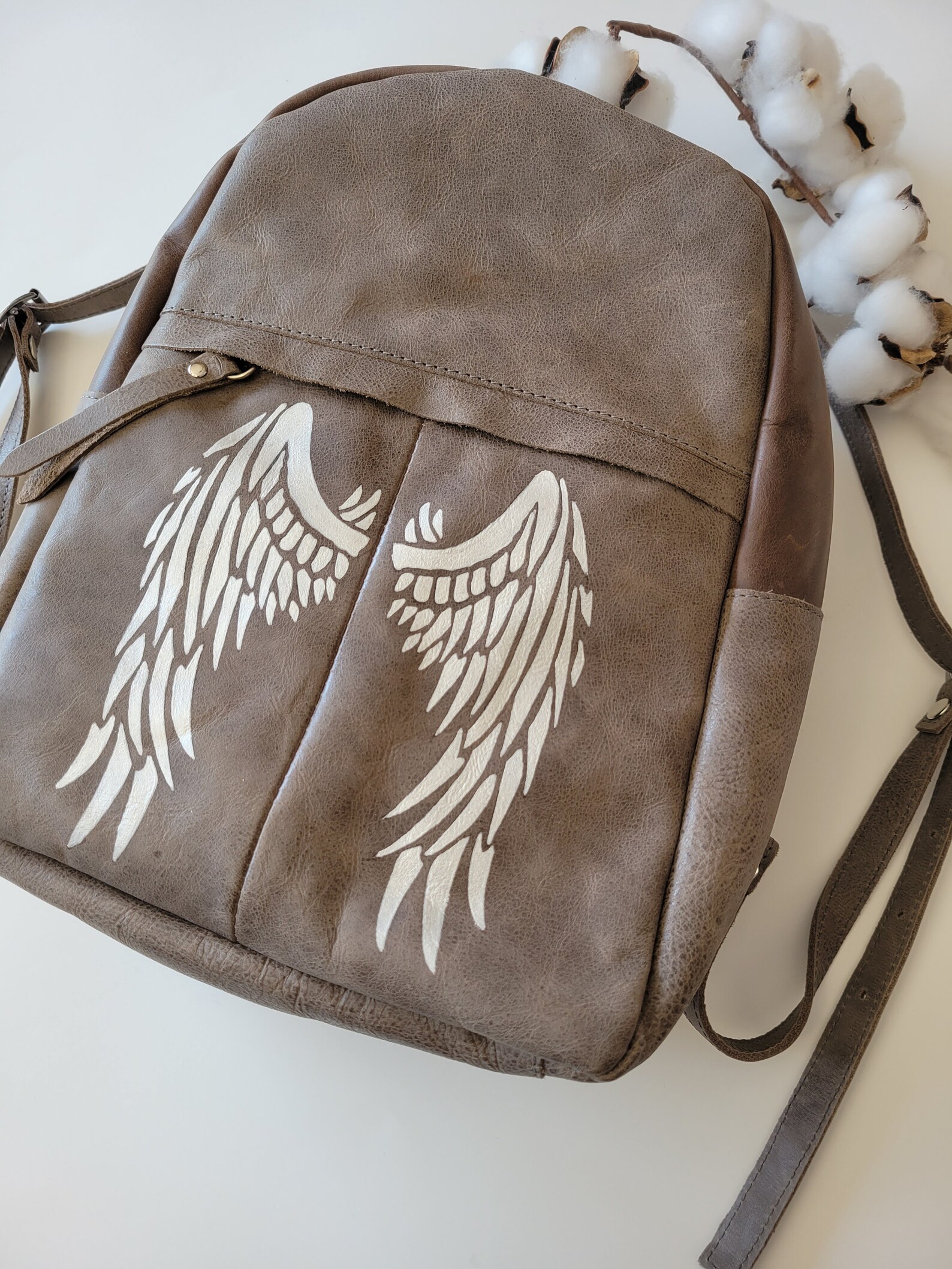 Gray Leather Backpack, Custom Backpacks, Wings Bag, Painted Wings ...