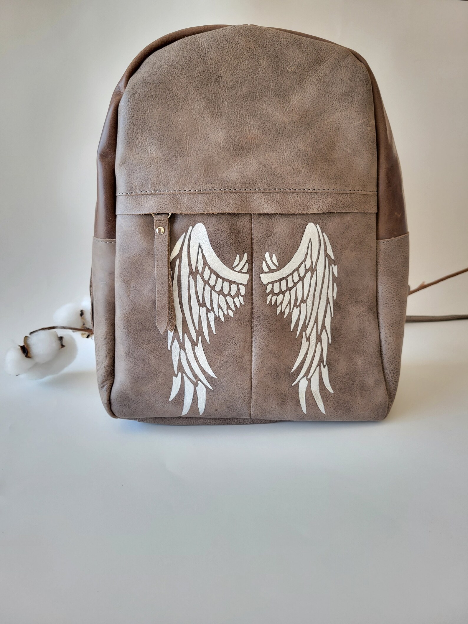 Gray Leather Backpack, Custom Backpacks, Wings Bag, Painted Wings ...