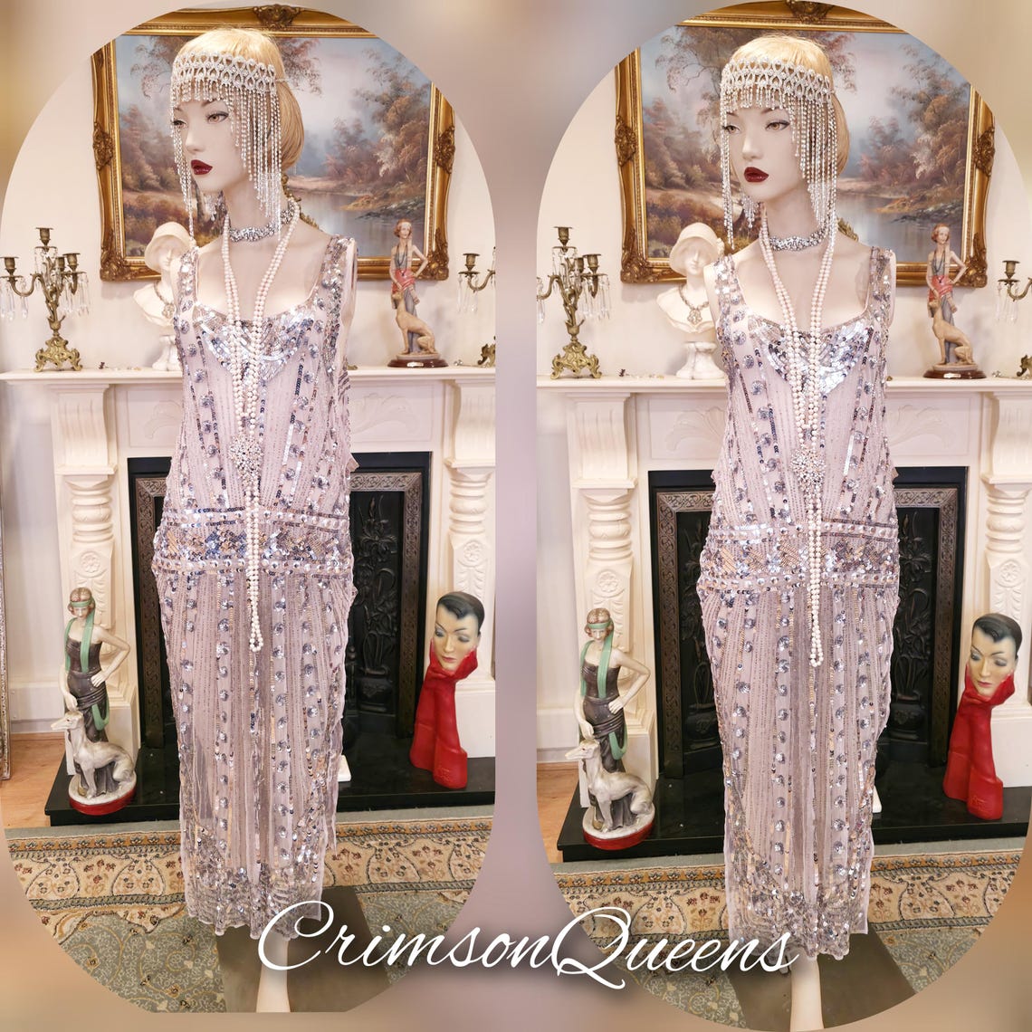Flapper Dress 1920s Sequinned Beige Silver Dress Vintage Oriental Sheer ...