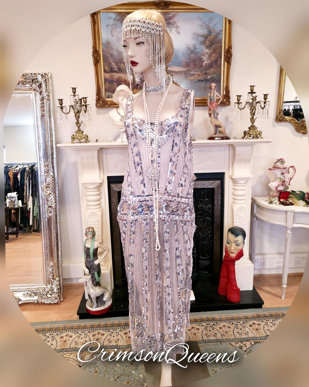 Flapper Dress 1920s Sequinned Beige Silver Dress Vintage Oriental Sheer ...