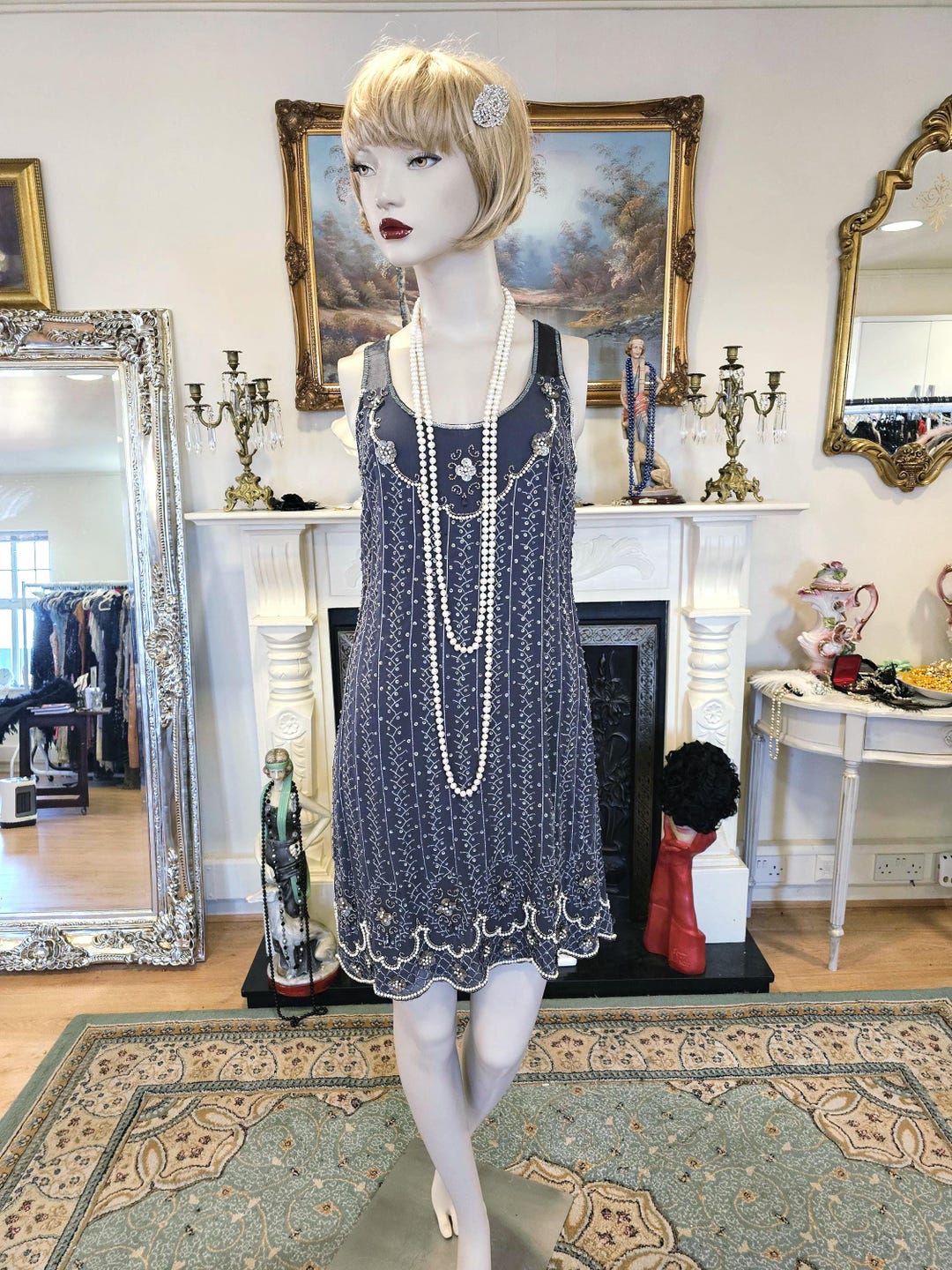1920's Old Silver Flapper Beaded With Pearls 100% Silk Great Gatsby ...