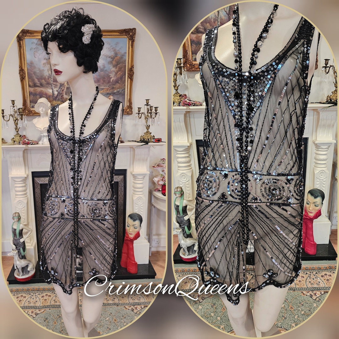 Vintage Downton Abbey Great Gatsby Black Beaded Sheer Mesh Dress 1920s ...