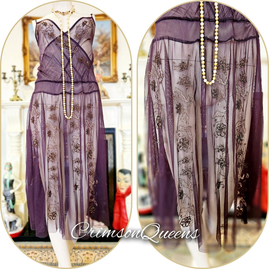 Vintage Mesh Net Hand Embellished Purple Sheer 1920s Great Gatsby ...