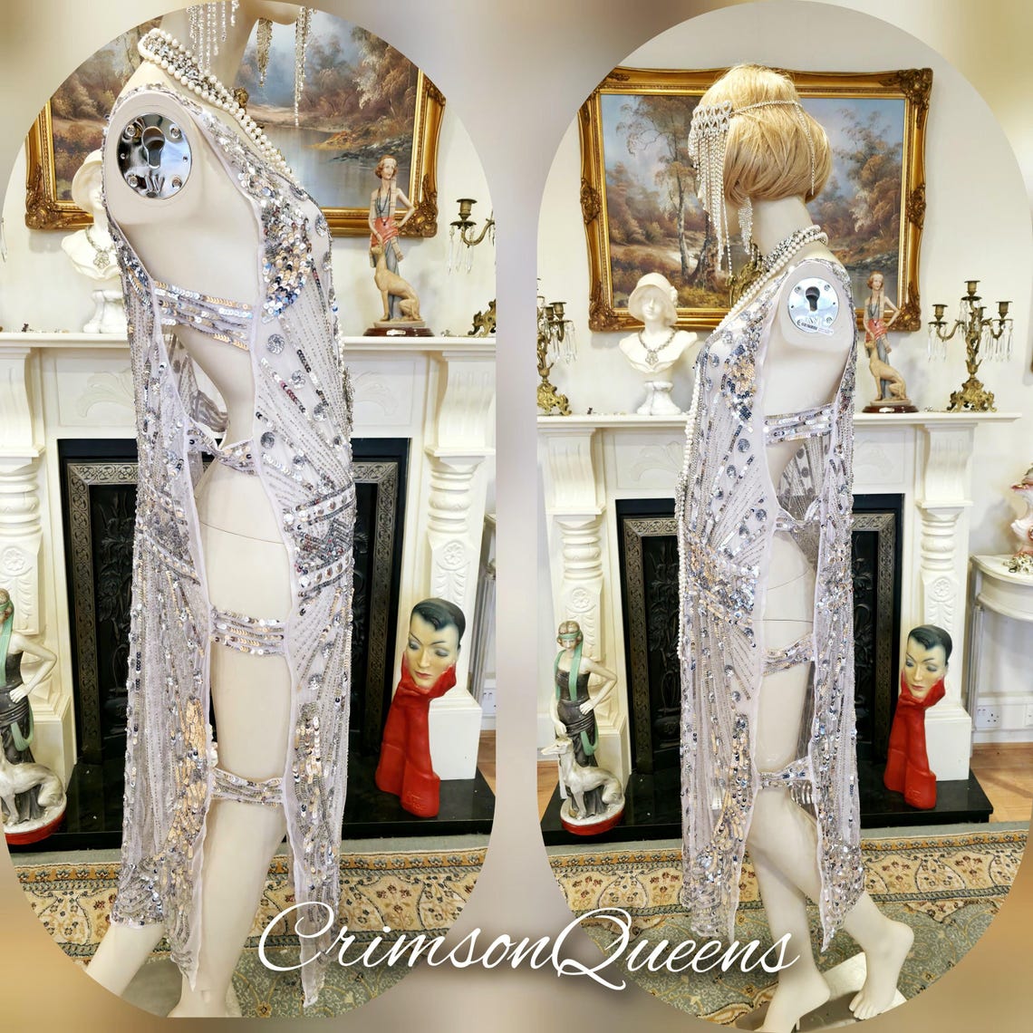Flapper Dress 1920s Sequinned Beige Silver Dress Vintage Oriental Sheer ...