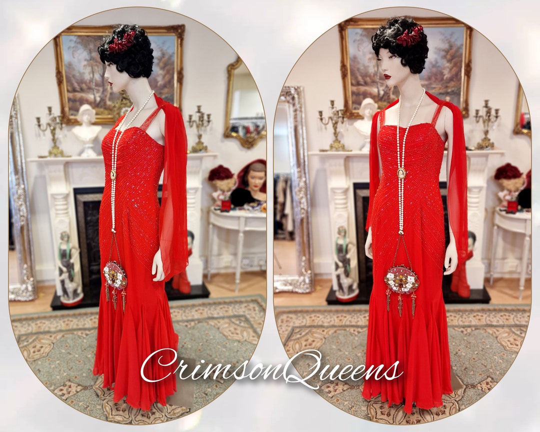 Art Deco Romantic Downton Abbey Vintage Scarlet Red Embellished Beaded ...