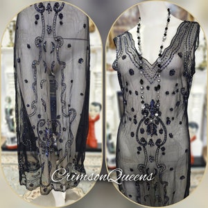 Vintage Downton Abbey Great Gatsby Black Beaded Sheer Mesh Dress 1920s ...