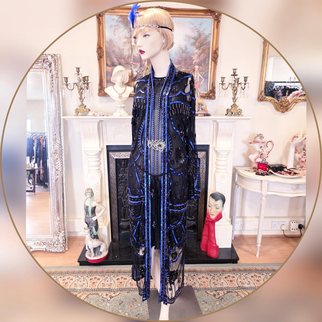 Vintage Blue Art Deco Long Jacket Set Glass Embellished Duster Evening ...