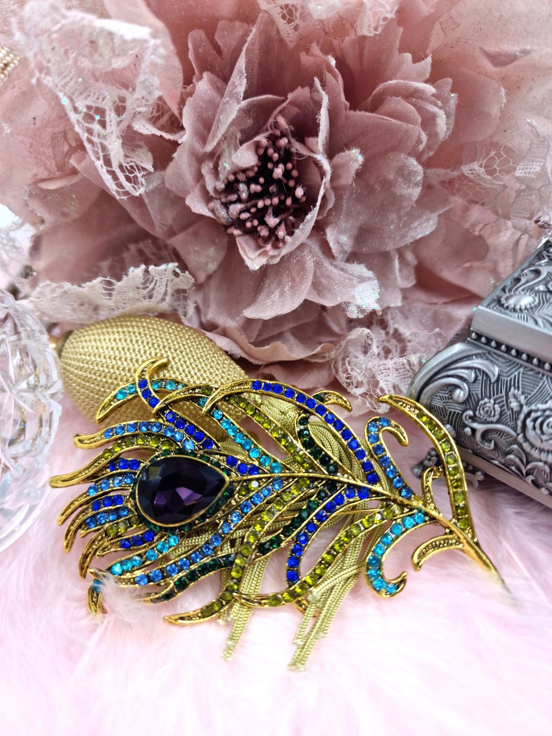 Vintage Crystal Large Art Deco Paste Peacock Feather Leaf Gold ...