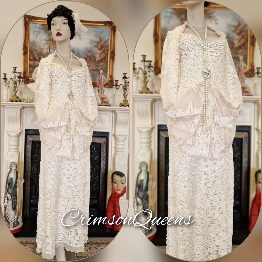 Art Deco Vintage Downton Abbey 1920s Bride Cream Wedding Bridal All Dress 1930s Great Gatsby