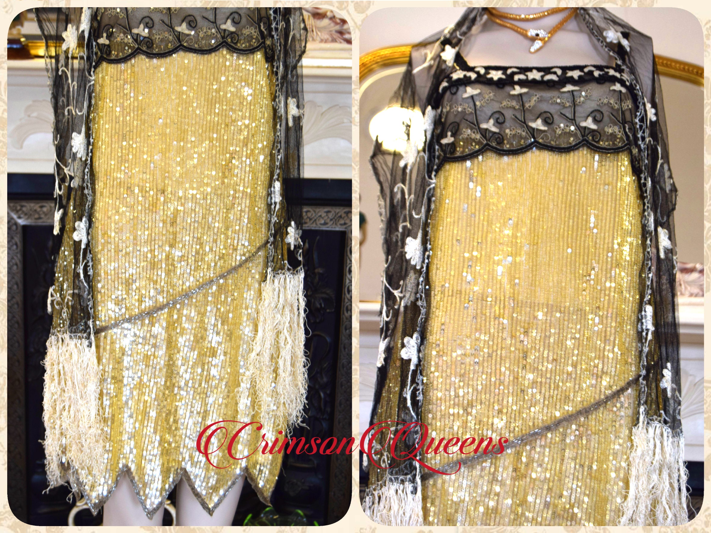 Vintage Gold 1920s Flapper Sequined With Antique Lace Great Gastby ...