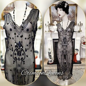 Vintage Downton Abbey Great Gatsby Black Beaded Sheer Mesh Dress 1920s ...