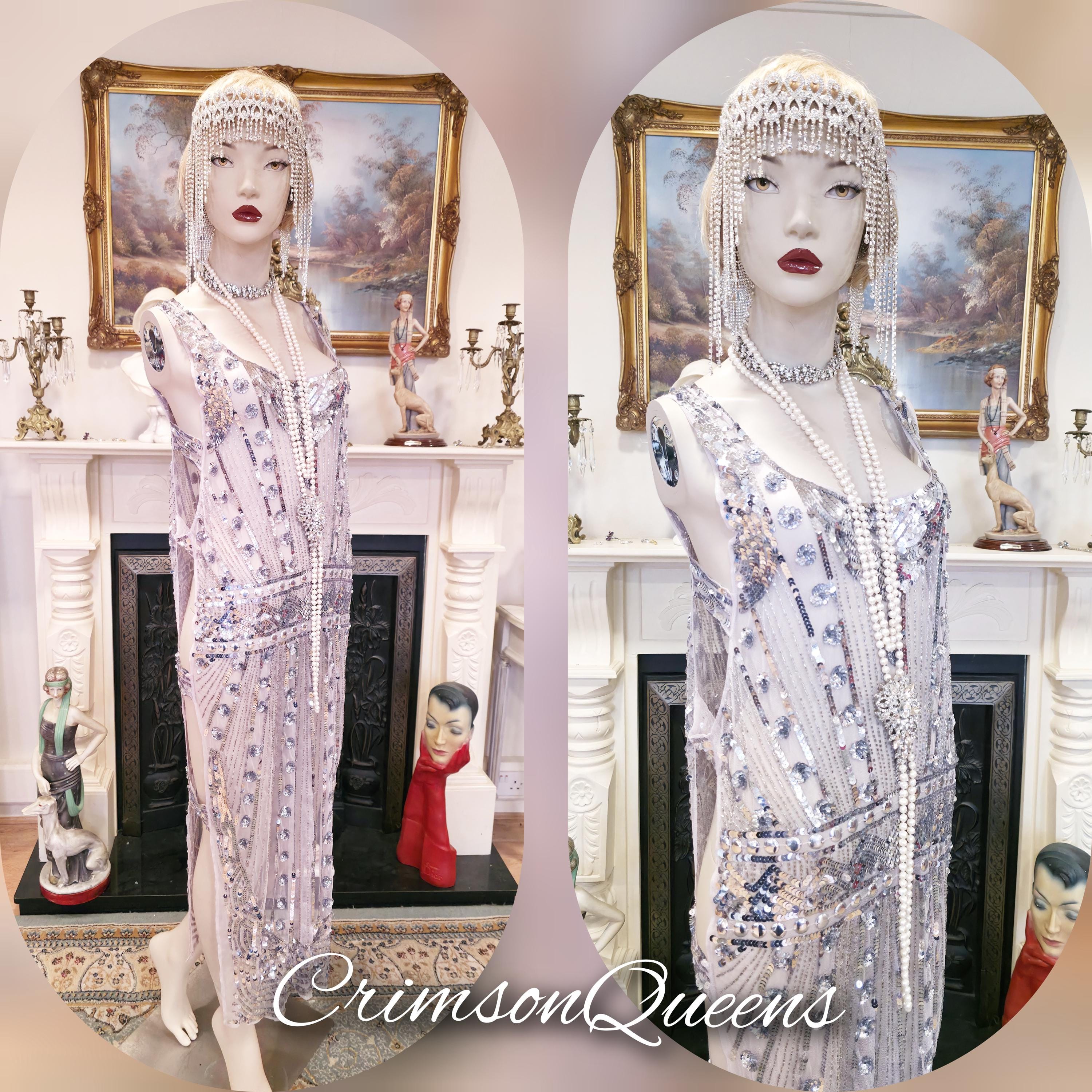 Flapper Dress 1920s Sequinned Beige Silver Dress Vintage Oriental Sheer ...